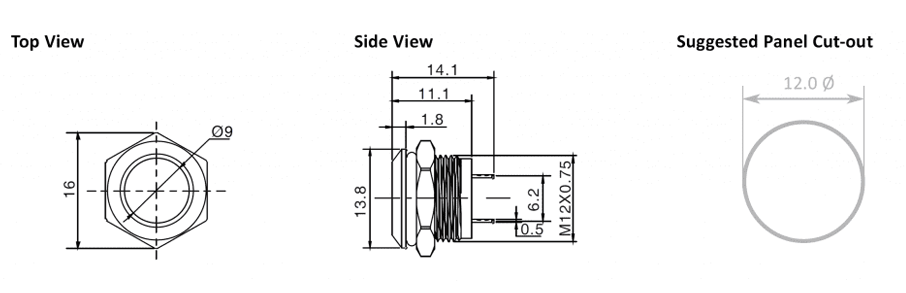 12mm – panel cut out – metal push button switches, LED illumination ...